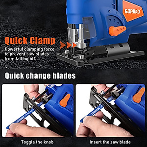 SORAKO Jigsaw, 5.0Amp Jig Saw Tool Corded Electric Power Cutter,800-3000 SPM Jig Saw, 6 Variable Speed, 0°-45° Bevel Cutting, 4 Orbital Sets, for Woodworking with 2PCS Blades & Scale Ruler