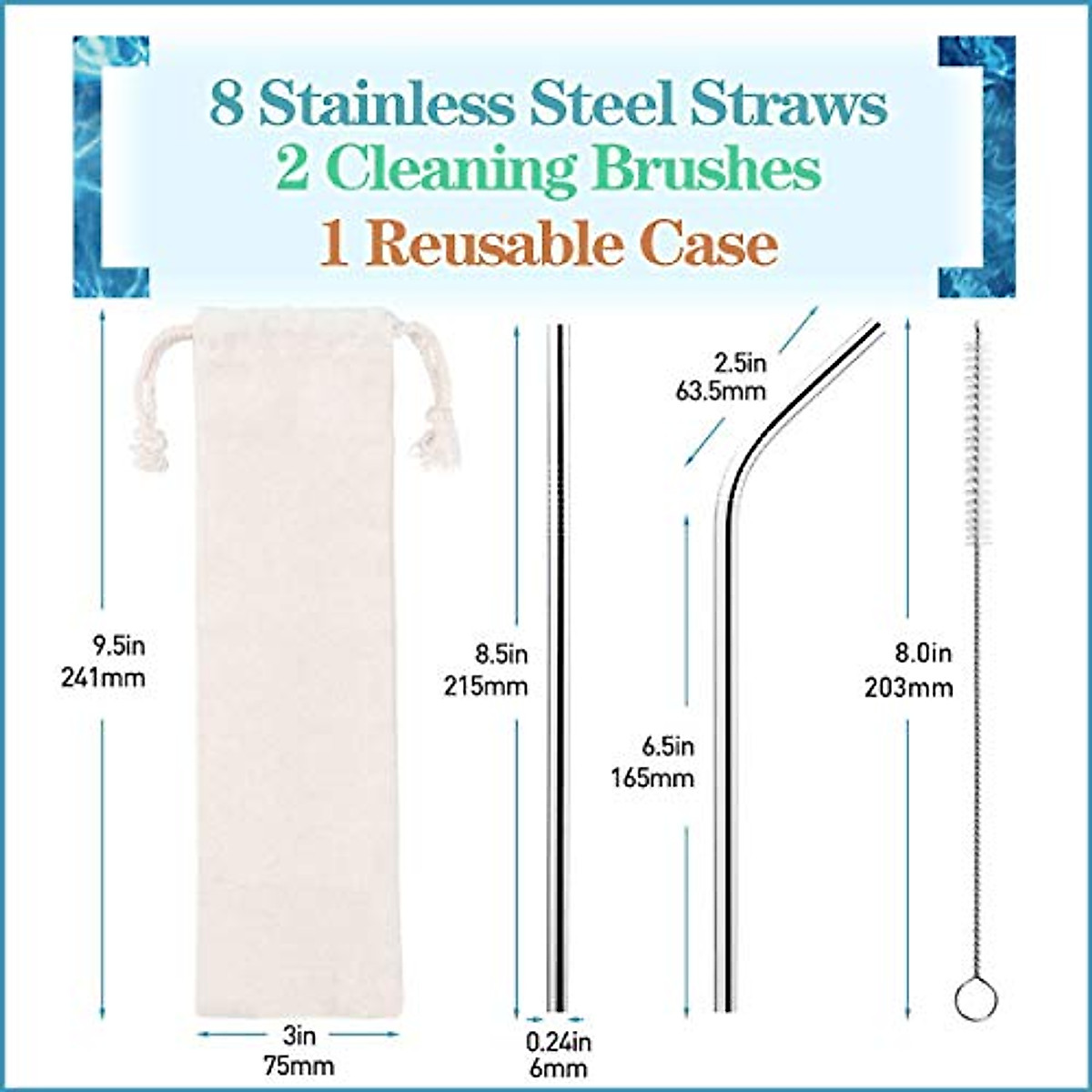 Set of 8 in 1 pack Reusable Stainless Steel Metal Straws- Long 215mm- Regular Size 6 mm Wide - Compatible - 4 Straight+ 4 Bent+ 2 Brushes+ 8 silicon tip+ 1 Pouch (silver, 8.5inch)