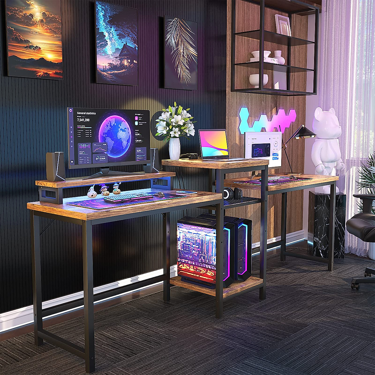 Unikito Double Computer Desk with LED Strip and Power Outlet, 2 Person Desk with Monitor Stand and Storage, Ergonomic Computer Desk with Printer Stand for Home Office, Long Gaming desk, Rustic Brown