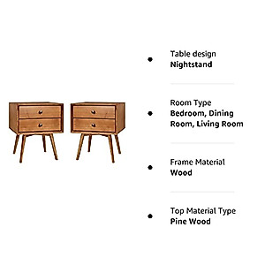 Walker Edison Ella Mid-Century Modern 2-Piece 2-Drawer Solid Wood Nightstand Set, 2 Pack, Caramel