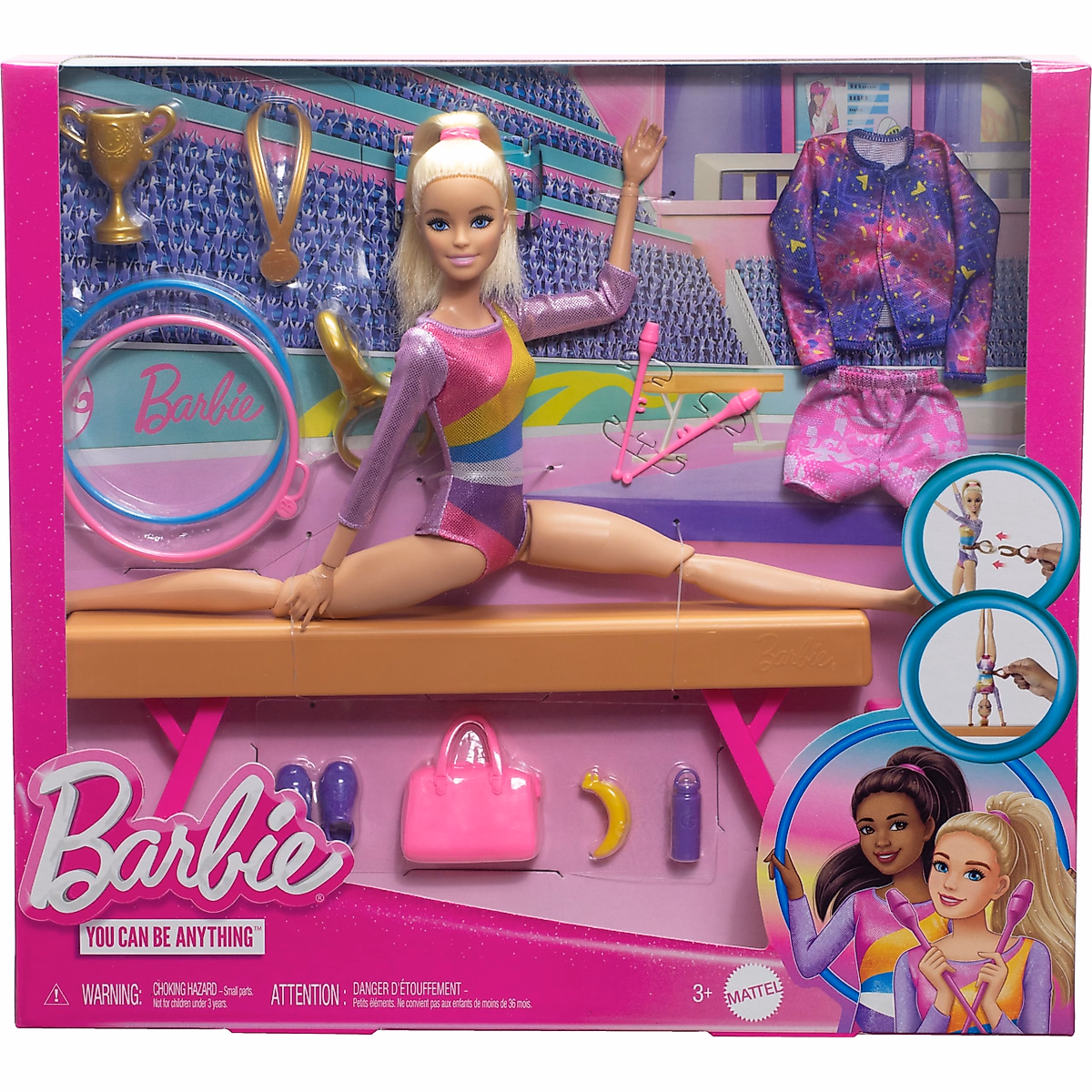 Barbie Careers Playset, Gymnastics Set with Blonde Gymnast Fashion Doll, C-Clip for Flipping Action, Balance Beam, Warm-Up Suit & Accessories