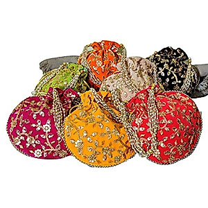 5 Pieces India Gift Hub Indian Handmade Women's Velvet Embroidered Potli Purse Bag Pouch Drawstring Bag