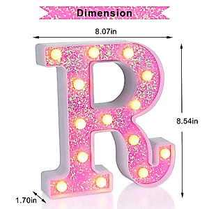 Foaky LED Letter Lights Sign Light Up Pink Letters Glitter Alphabet Letter Sign for Night Light Wedding/Birthday Party Battery Powered Christmas Lamp Girls Gifts Home Bar Decoration（R）
