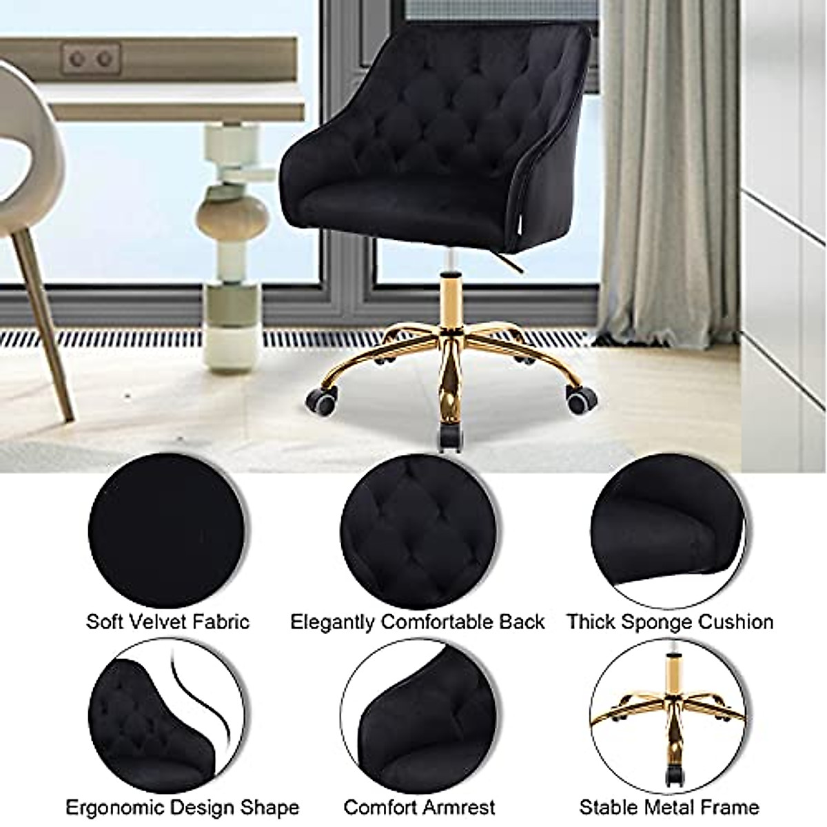 SSLine Velvet Office Chair,Modern Home Office Chairs Desk Chairs with Gold Metal Legs,Adjustable Swivel Armchair Vanity Chair Nice Task Chair for Office, Living Room,Bed Room (Black)