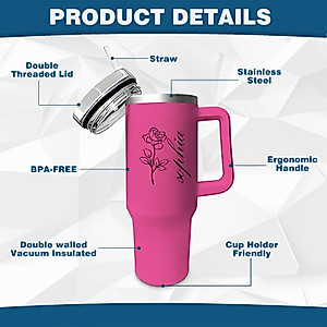 Custom Tumbler Personalized Tumbler with Name Birth Flower 40 Oz Customized Insulated Tumbler Mug Cup with Lid and Straw-Personalized Gifts for Women