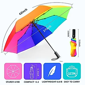 LEAGERA Rainbow Umbrella for Adults - 42inch - Automatic Folding Travel Umbrellas for Rain&Sun, Small, Compact and Portable Backpack Umbrellas