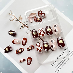 24 Pcs Brown Press on Nails Almond Fake Nails Medium False Nails with Heart Happy Face Flower Designs French Tip Glue on Nails Full Cover Acrylic Nails Cute Stick on Nails for Women Girls