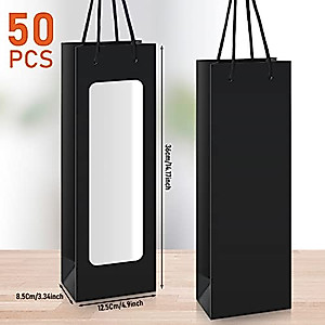 50 Pcs Wine Gift Bag with Window 4.9" x 3.6" x 14.2" Kraft Paper Wine Bags with Windows Kraft Paper Flower Wrapping Bag Transparent Window Bags for Valentine's Day Birthday Wedding Party Gift (Black)