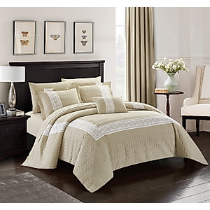 Chic Home - BCS10834-AN Titian 8 Piece Comforter Hotel Collection Hexagon Embossed Paisley Print Border Design Bed in a Bag-Sheet Set Decorative Pillow Shams Included, Queen, Taupe