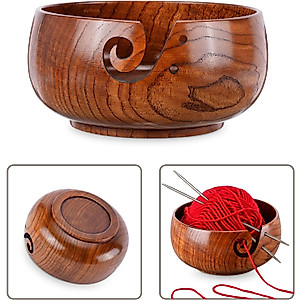 Wooden Yarn Bowl with 8Pcs Metal Crochet Hooks, Knitting Yarn Bowl with Holes Storage Handmade to Prevent Slipping, Perfect Yarn Holder Bowl for Crocheting and Knitting Mother's Day Gift 6" x 3"