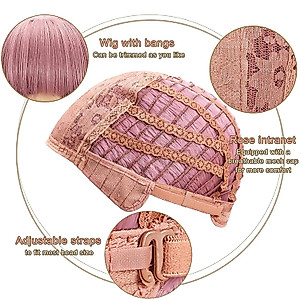 Netgo Pink Wig for Women, Short Pink Wig with Bangs, Natural Wavy Wigs Heat Resistant Synthetic Womens Wigs Daily Party Cosplay Wig