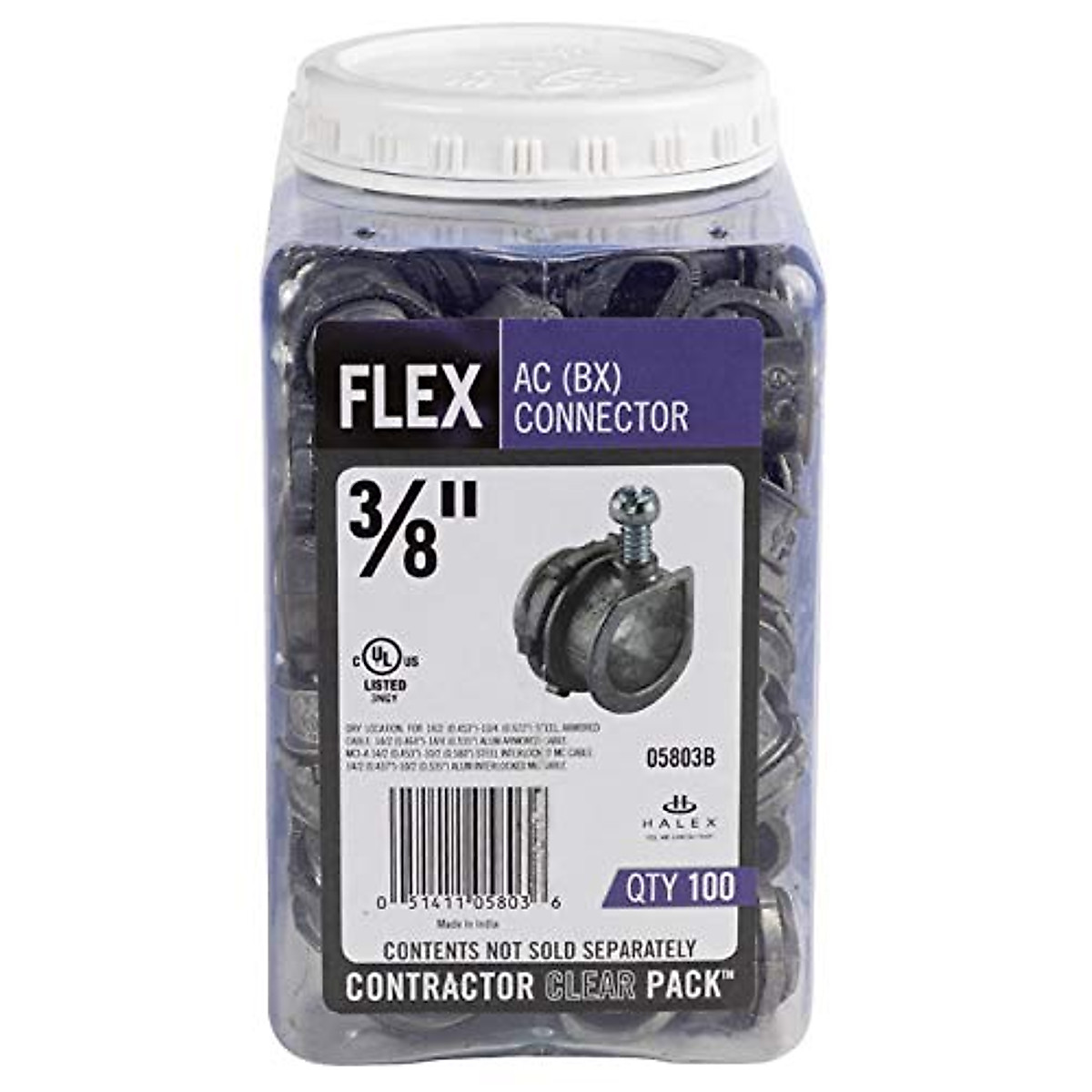 Halex – 3/8 Inch Flexible Metal Conduit (FMC) AC (BX) Connectors– 05803B – 100 Per Pack – Silver