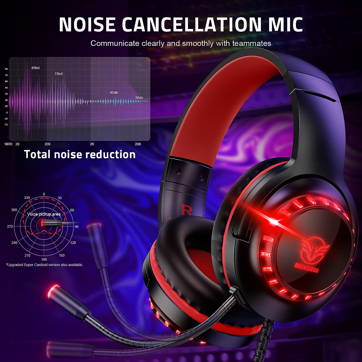 Pacrate Gaming Headset for PS4/PS5/Xbox One/Nintendo Switch/PC, PS4 Headset with Microphone Xbox Headset with LED Lights, Noise Cancelling PS5 Headset for Kids Adults - Red