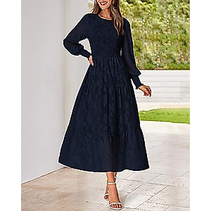 BTFBM Casual Women's 2023 Fall Dresses Elegant Wedding Guest Dress Long Sleeve Floral Midi Dress Flowy Bohemian Long Dress(Navy,Large)