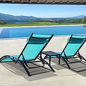 MIRSION Lounge Chair and Side Table Set of 3, Patio Chair for Outside in Swimming Pool, Beach Chaise Lounge Outdoor Recliner with Arm (Light Blue)