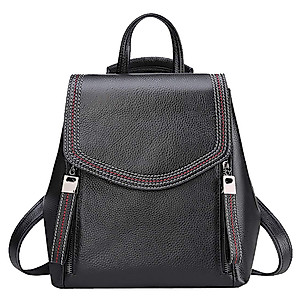 HESHE Women’s Genuine Leather Backpack Casual Style Flap Backpacks Daypack for Ladies and Girls (Black)