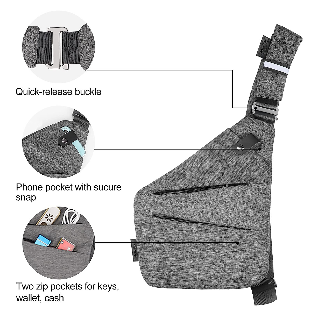 KOSMCCO Smell Proof Sling Bag, Unisex Activated Carbon Lining Over the Shoulder Sling Smell Proof Bag Chest Bag for Travel, Grey