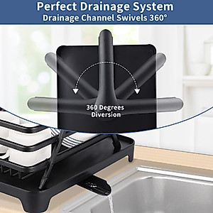 [Upgraded] Aluminum Dish Drying Rack, ROTTOGOON Rustproof Dish Rack and Drainboard Set with Drainage, Utensil Holder, Cup Holder, Compact Dish Drainer for Kitchen Counter Cabinet, 16.9" x 12.2", Black