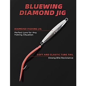 BLUEWING Diamond Jigs Fishing Saltwater Lure with Split Tube Tail and Stainless Steel Hook, 3oz, Red, 1pc