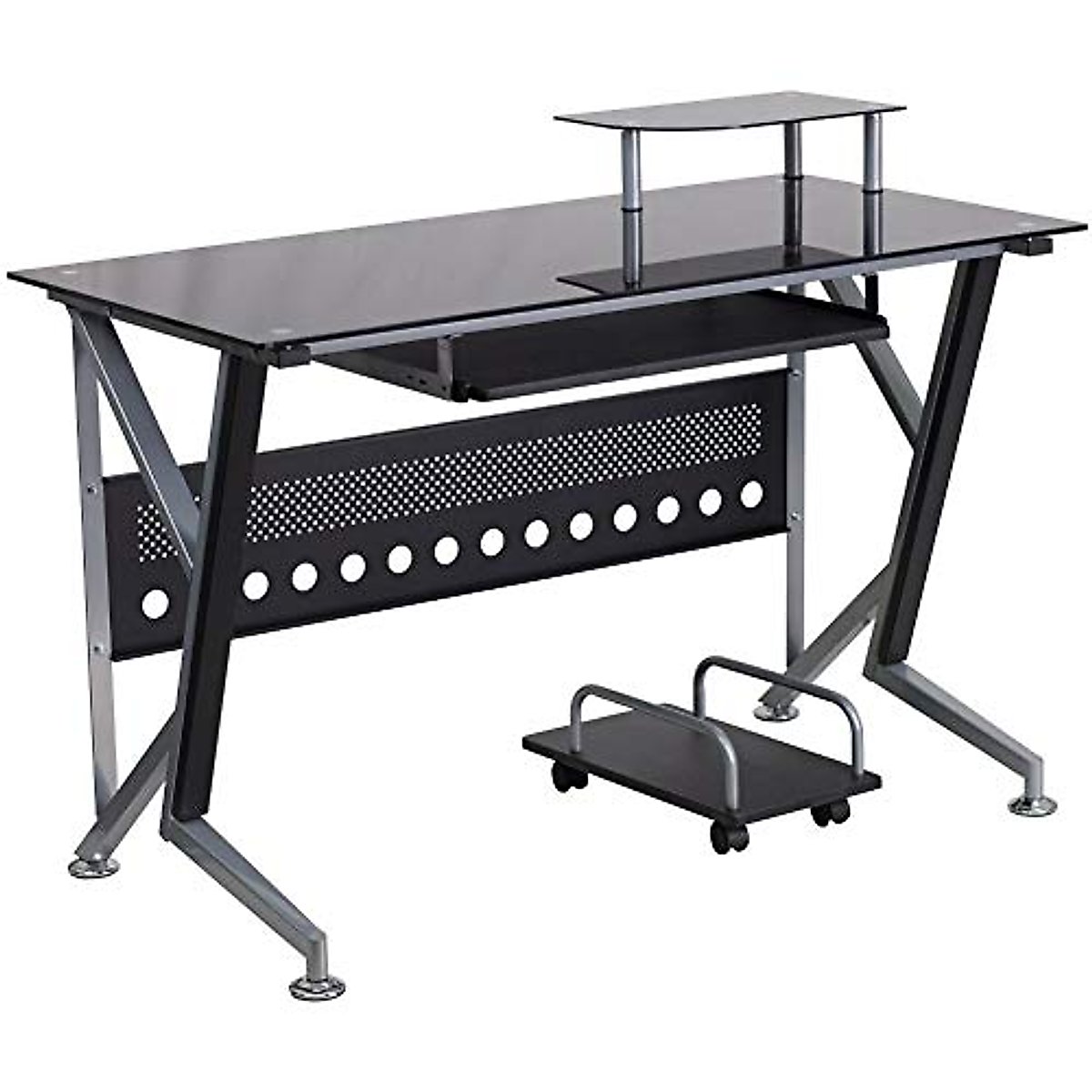 Flash Furniture Singleton Black Glass Computer Desk with Pull-Out Keyboard Tray and CPU Cart