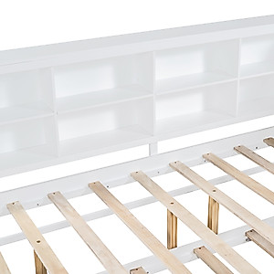 Harper & Bright Designs Full Daybed Frame with L-Shaped Bookcases, Wood Bed Frames with Trundle and USB Ports,Full Size Platform Bed with Storage Shelf and Charging Station for Kids Girls Boys, White