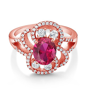 Gem Stone King 18K Rose Gold Plated Silver Oval Red Created Ruby Women Statement Ring (2.82 Cttw, Available In Size 5, 6, 7, 8, 9)