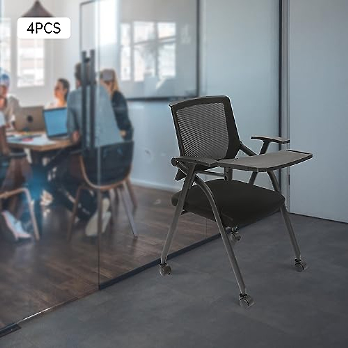 YIYIONCE 4Pack Office Tablet Arm Chair Office Guest Chairs & Reception Chairs with Wheels Foldable Stackable Meeting Chair Black Mesh Bouncing Back Chair for Office Meeting & Reception| US Stock