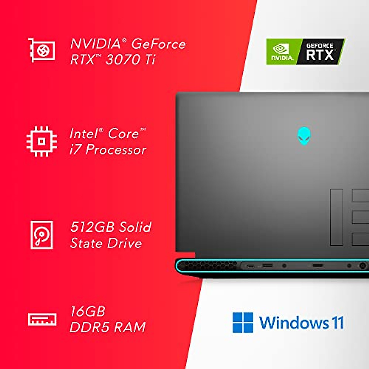 Alienware m15 R7 Gaming Laptop - 15.6-inch QHD 240Hz 2ms Display, Intel Core i7-12700H, 16GB RAM, 512GB SSD, NVIDIA GeForce RTX 3070 Ti 8GB GDDR6, HDMI, USB-C, Wi-Fi 6, Windows 11 Home - Black