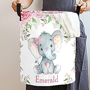Custom Watercolor Animal Elephant Laundry Basket with Name Text Waterproof Bedroom Living Room Storage Basket