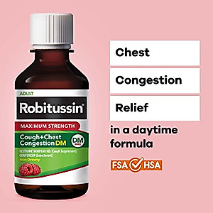 Robitussin Adult Maximum Strength Cough + Chest Congestion DM Max (8 fl. oz. Bottle), Non-Drowsy Suppressant & Expectorant, Raspberry Flavor