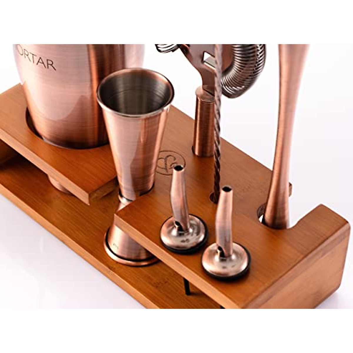 Mint & Mortar Cocktail Shaker Set, 7-Piece Bartender Kit with Stand, 24oz Martini Shaker Bottle Stainless Steel Bar Tools, Home Bar Accessories Drink Mixer, Barware Gift Set - Brushed Copper