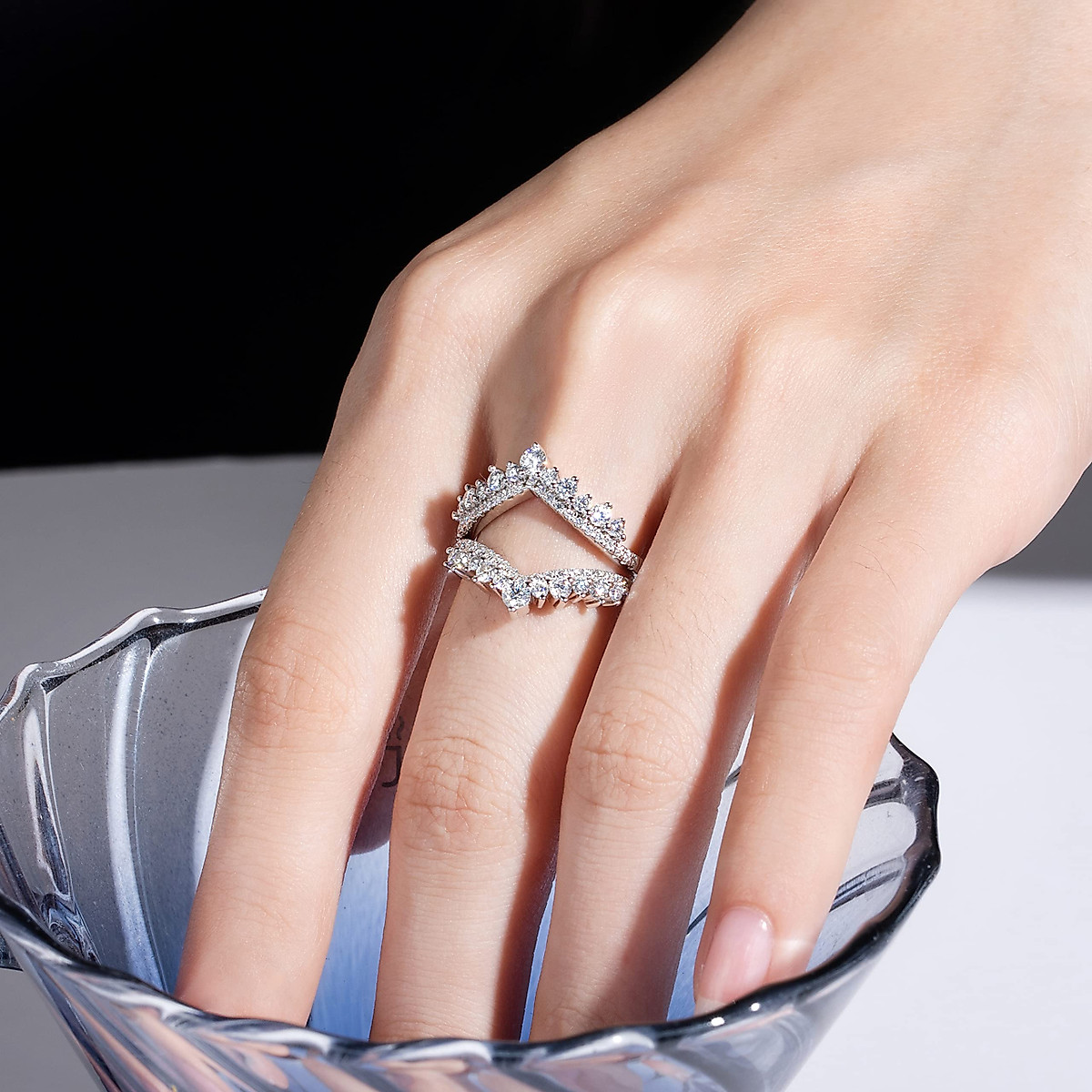 CannyCat 1.23 CTTW Moissanite Ring Enhancers 2 pieces Lab Created Diamond Curved Wedding Bands for Women Platinum Plated Silver Eternity Stacking Rings Wrap Guard for Engagement Anniversary Ring (9)