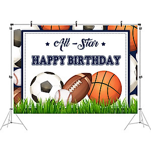 Ticuenicoa 7x5ft Ball Sports Happy Birthday Backdrop All Star Boys Football Basketball Baseball Rugby Kids Birthday Background Portrait Party Decoration Cake Table Photo Studio Booth Prop