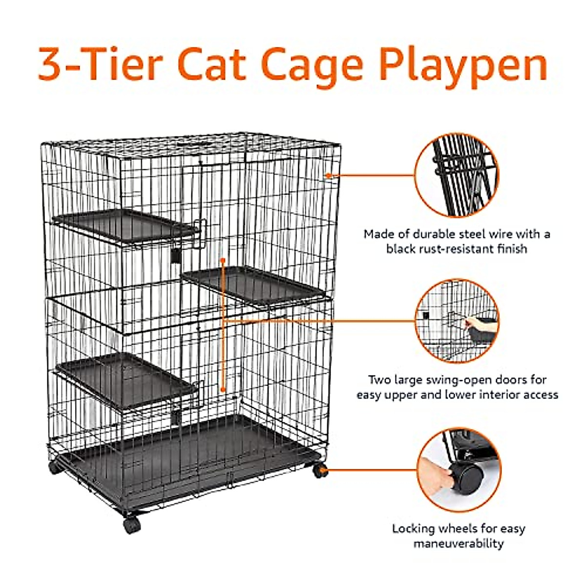 Amazon Basics Large 3-Tier Cat Cage Playpen Box Crate Kennel - 36 x 22 x 51 Inches, Black