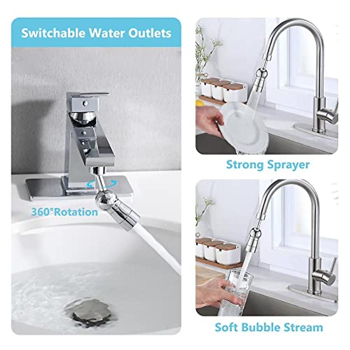 Dornberg Faucet Extender, 2 Function Rotating Faucet Aerator, 360 Degree Swivel Faucet Sprayer Head Attachment for Kitchen or Bathroom, 55/64 Inch-27UNS Female Thread with Male Adapter - Chrome