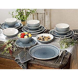 Euro Ceramica Fez 16 Piece Double Bowl Stoneware Reactive Crackleglaze Dinnerware Set, Service for 4, Teardrop Medallion Design, Grey