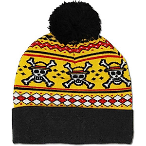 Ripple Junction One Piece Straw Hat Crew Adult Anime Mens Womens Fitted Knit Winter Hat Pom Pom Beanie Black and Yellow