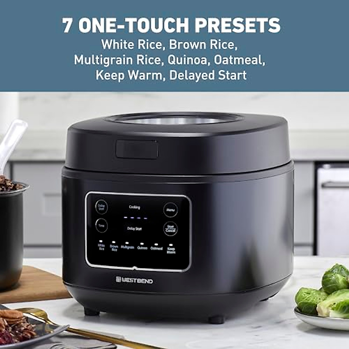 West Bend Programmable Rice & Grain Cooker with 7 Preset Functions, Includes Delay Start and Keep Warm, Features Easy View Window & Steam Basket, 12 Cups Cooked (6 Uncooked), Black