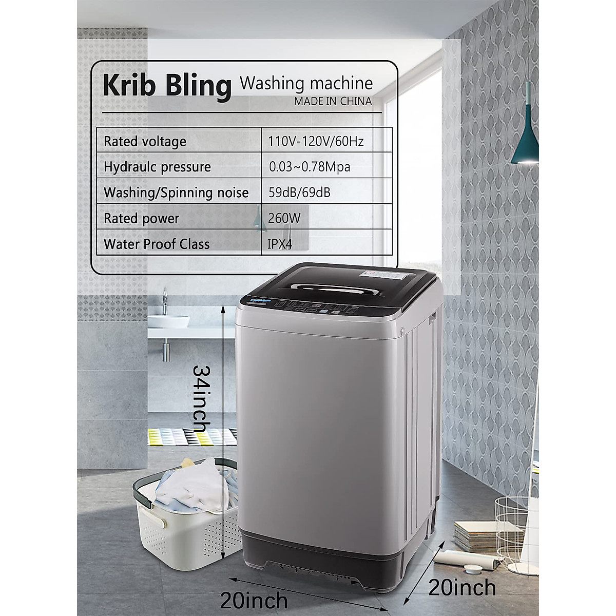 Krib Bling 17.7 lbs Full Automatic Washer with Drain Pump, Washing Machine with LED Display, 10 Washing Programs & 8 Water Levels Selections, Ideal for Camping, Apartment, Dorm, Dark Grey