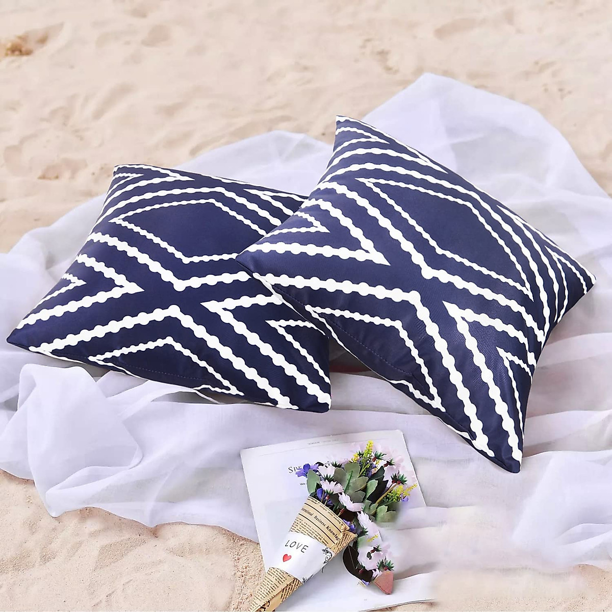 Adabana Outdoor Waterproof Boho Throw Pillow Covers Geometric Pillow Cases for Patio Garden Set of 2, 18 X 18 Inches Navy Blue