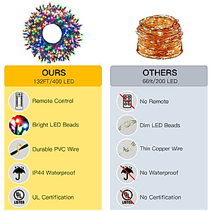 Ollny Christmas Lights 400LED 132FT, Plug-in Outside Tree Lights with Timer and 8 Modes, Remote Control Waterproof Dimmable Outdoor String Lights for House Yard Patio Xmas Decorations (Multicolored)