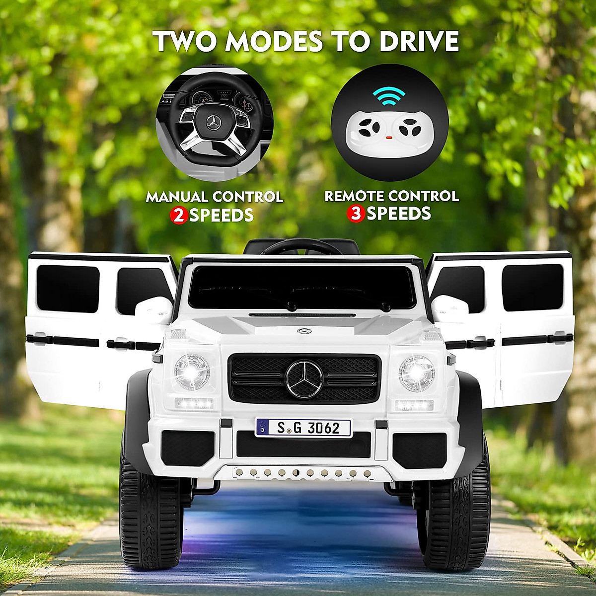 JOYLDIAS Kids Ride On Cars, Licensed Mercedes-Benz Maybach G650S, 12V7AH Battery Powered Toy Electric Car for Kids with 2.4G Remote Control, 2 Motors, 3 Speeds, Lock, Music, Horn, LED Lights, White