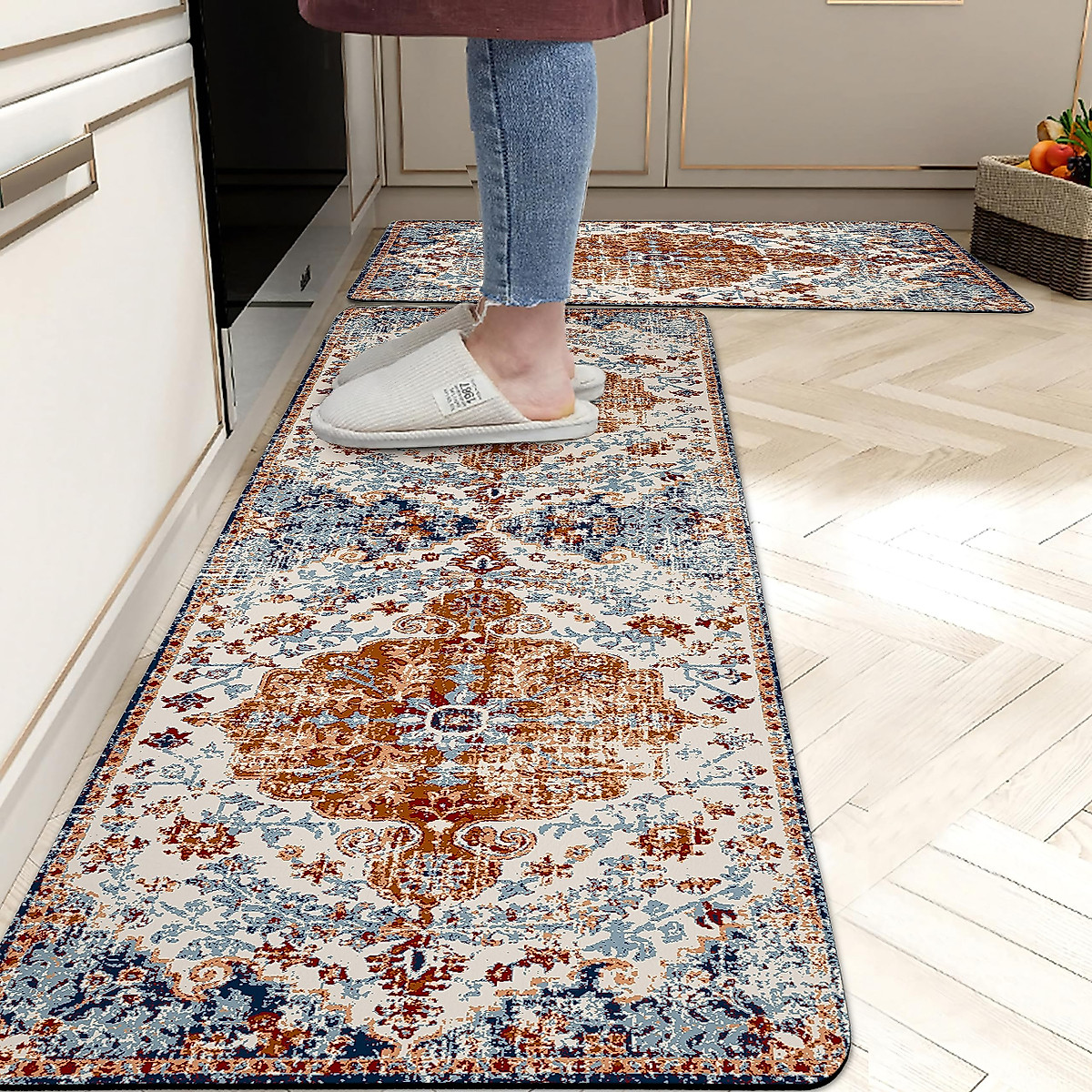 chiinvent Boho Kitchen Rugs Set of 2 Anti-Fatigue 0.4 Inch Thick Farmhouse Vintage Bohemian Kitchen Floor Mats Non Slip Waterproof Comfort PVC Mat Decor for Sink Laundry 17.3 x 28+17.3 x 47 Inch
