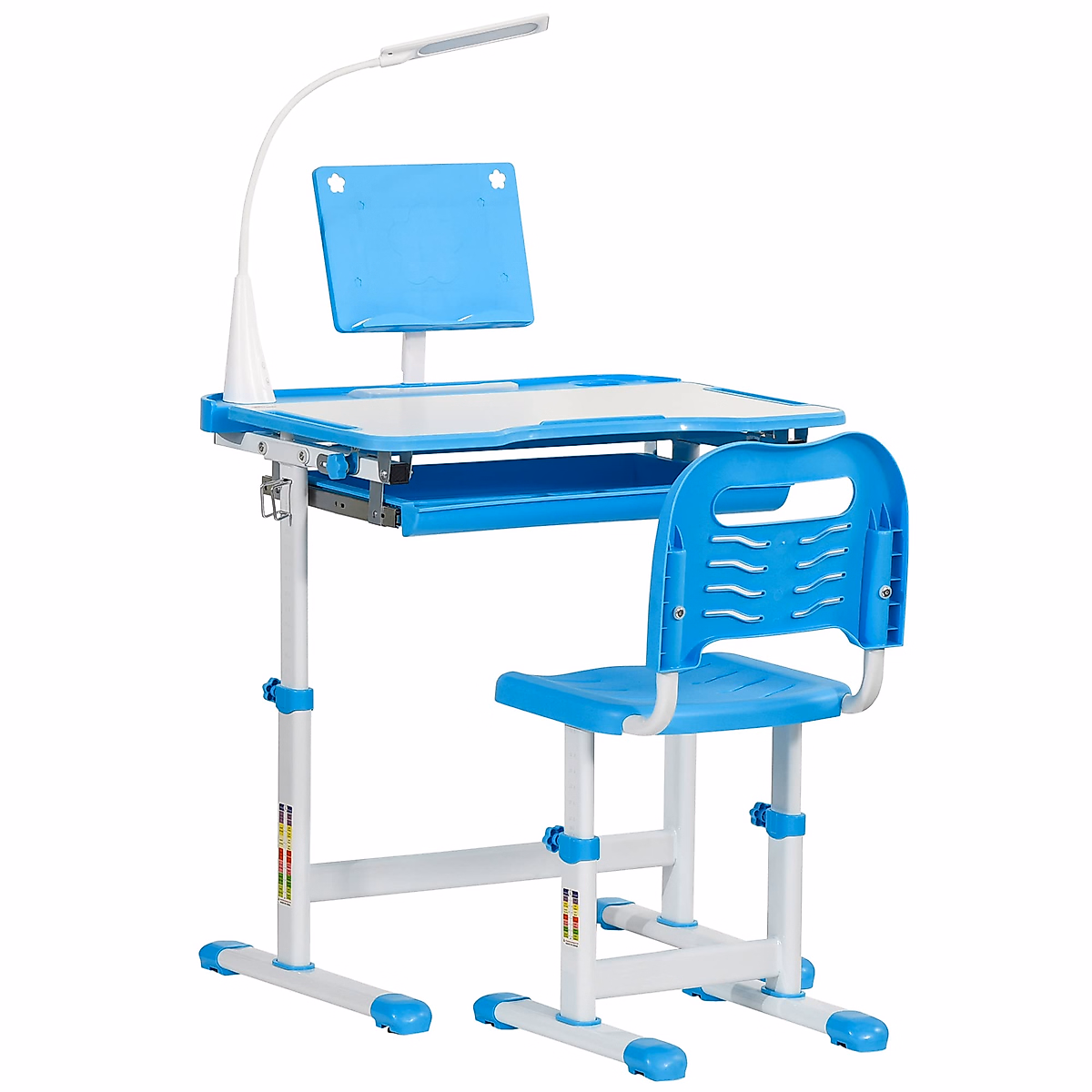 Qaba Kids Desk and Chair Set, School Study Desk with USB Light, Storage Drawer for Writing, Activities, Arts, or Crafts, Blue and White