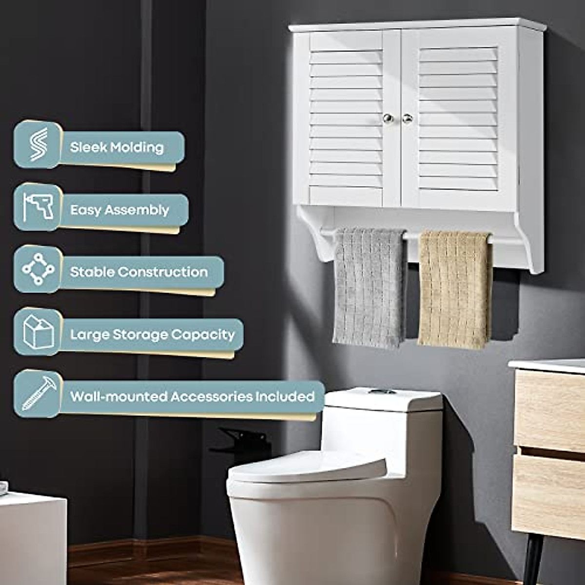 Tangkula Bathroom Medicine Cabinet, Wall Mounted Double Louvered Doors Storage Cabinet with Height Adjustable Shelf and Bar, Hanging Storage Bathroom Cabinet Organizer, White