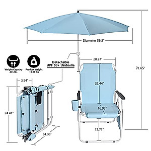 High Beach Chair with UPF50+ Umbrella Canopy Shade Lightweight Portable Folding Lawn Chairs with Arms Shoulder Strap Cup Holder for Adults Outdoor Concert Patio Camping Sand Festival Pool Picnic