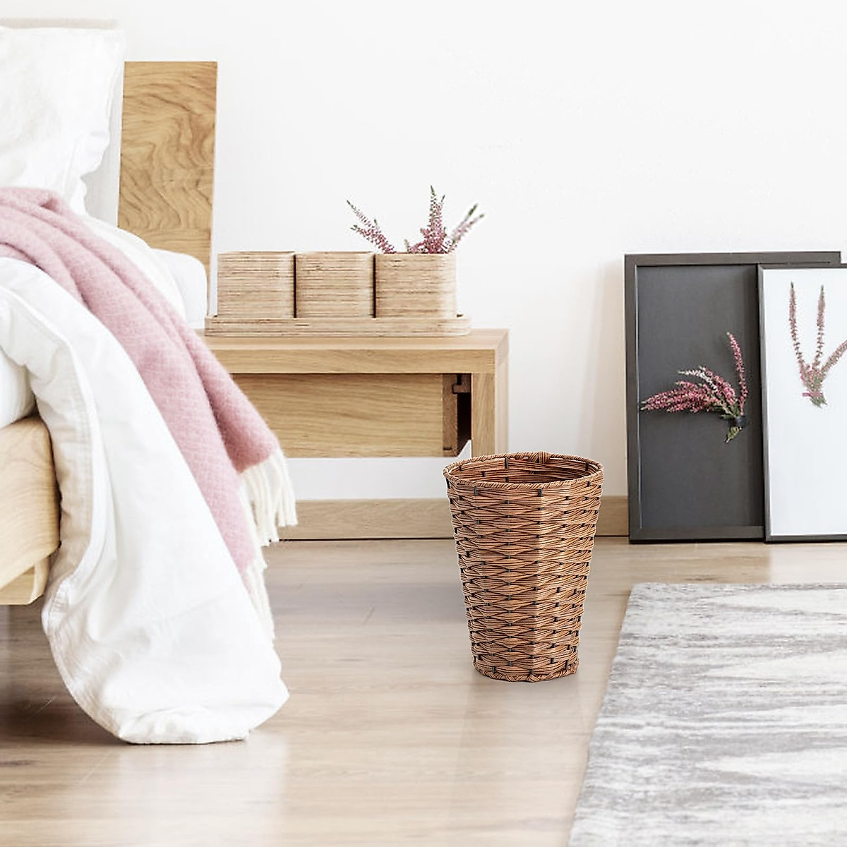 ZOOFOX 2 Pack Bathroom Trash Can, 1.5 Gallon Small Garbage Can with Wicker Style, Plastic Wastebasket for Toilet, Office, Bedroom, Living Room