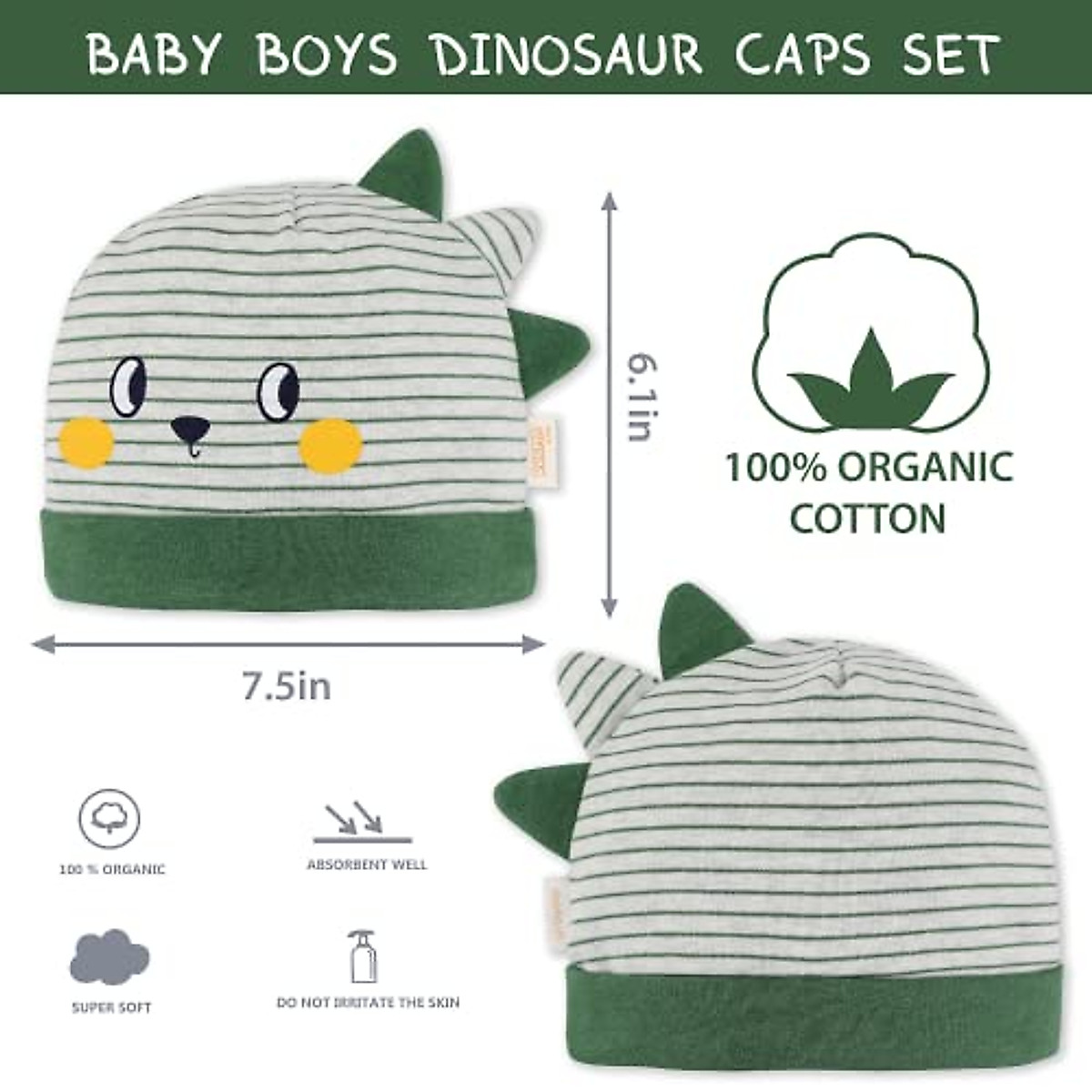 DOKMA Organic Cotton Toddler Hat Set 4 with Cute Dinosaur Design for Baby Boy, Baby Girl 0-6 Months