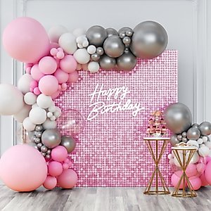 Shimmer Wall Backdrop Iridescent Pink Square Sequin Wall Panel Backdrop Decor for Wedding, Anniversary, Birthday, Party, 12 Panels