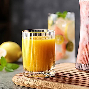 INSETLAN Glass Cups Vintage Glassware Set of 4 Large, Origami Style Transparent Cocktail Glasses Set, Bar Beverages Ice Coffee Cup Juice Ripple Drinkware, 450ml (L)